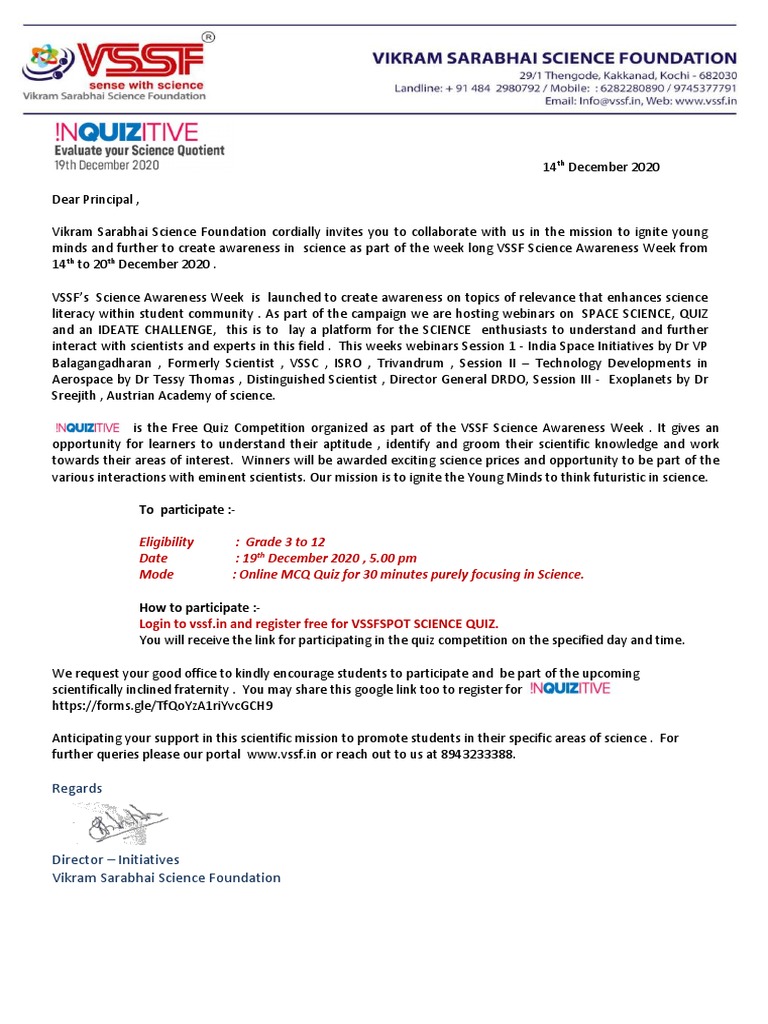 VSSF - Inquizitive Intimation Letter To Schools | PDF