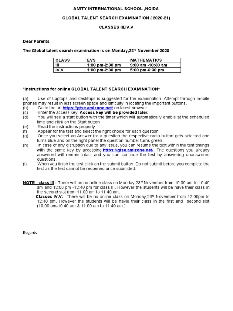 Global Talent Exam Details for Parents | PDF