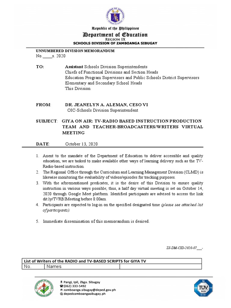 Unnumbered Division Memorandum: of Participants) | PDF | Behavior ...