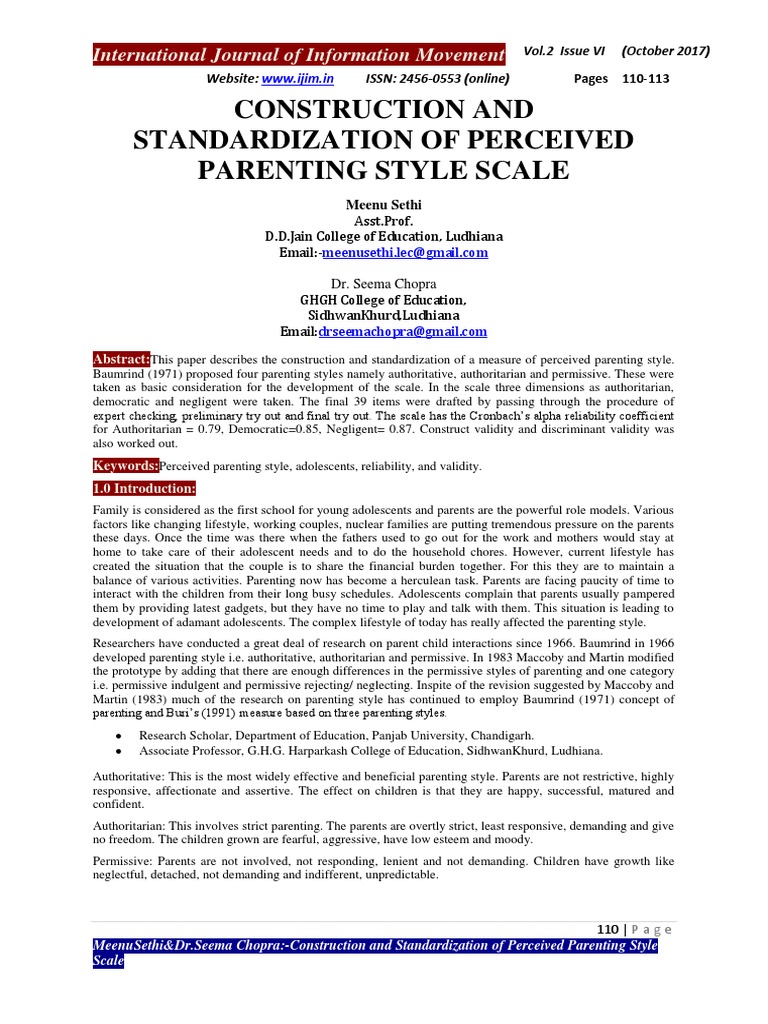 Construction and Standardization of Perceived Parenting Style Scale ...