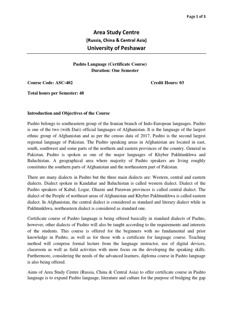 Pashto Certificate Course ASC 402 PDF | PDF | Afghanistan | Literacy