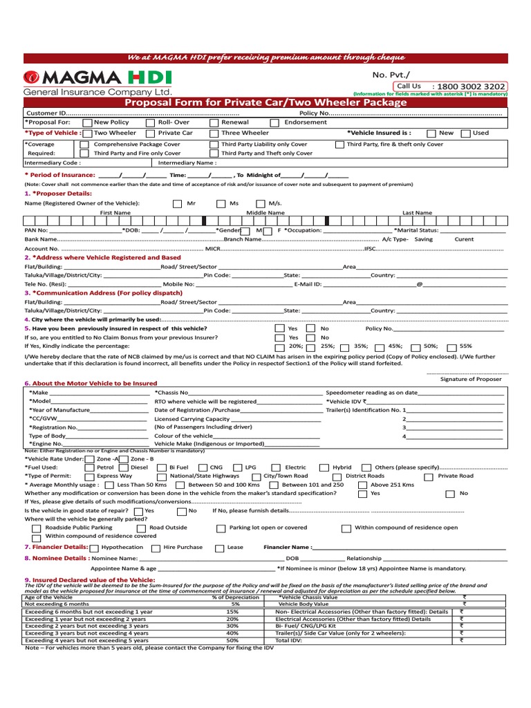 Proposal Form For Private Car/Two Wheeler Package: We at MAGMA HDI ...