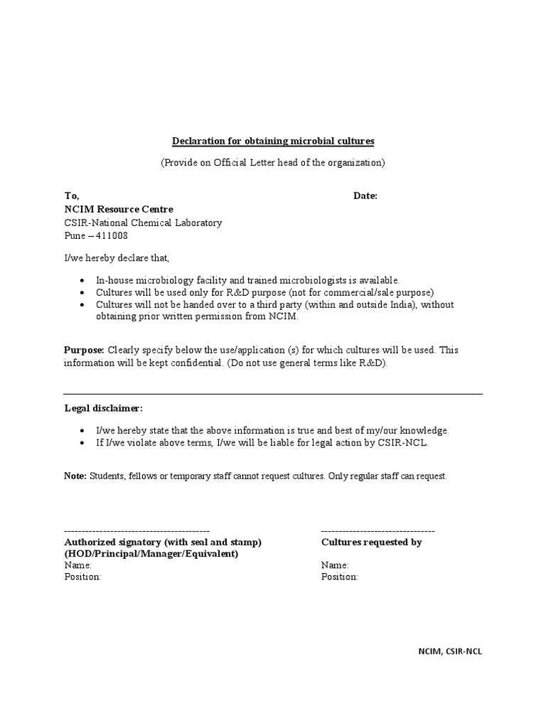 NCIM Culture Request Declaration Form | PDF