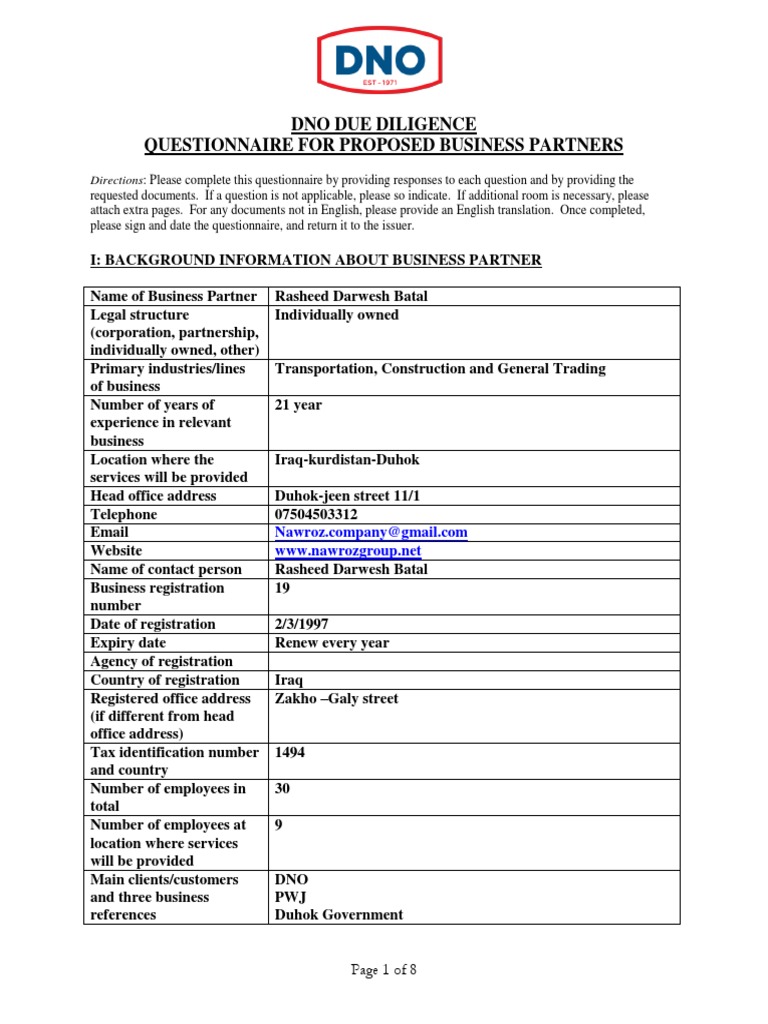 RFQ C-00015 BSQ - Attachment 1 - Due Diligence Questionnaire | PDF ...