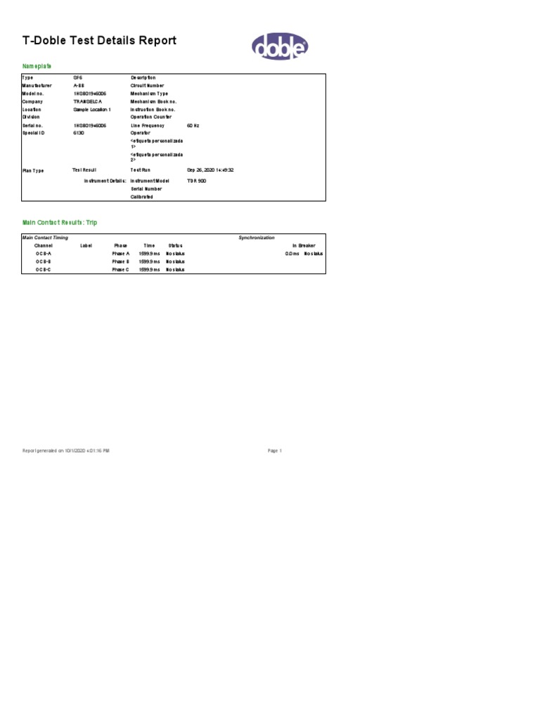 T-Doble Test Details Report: Nameplate | Download Free PDF | Electrical ...
