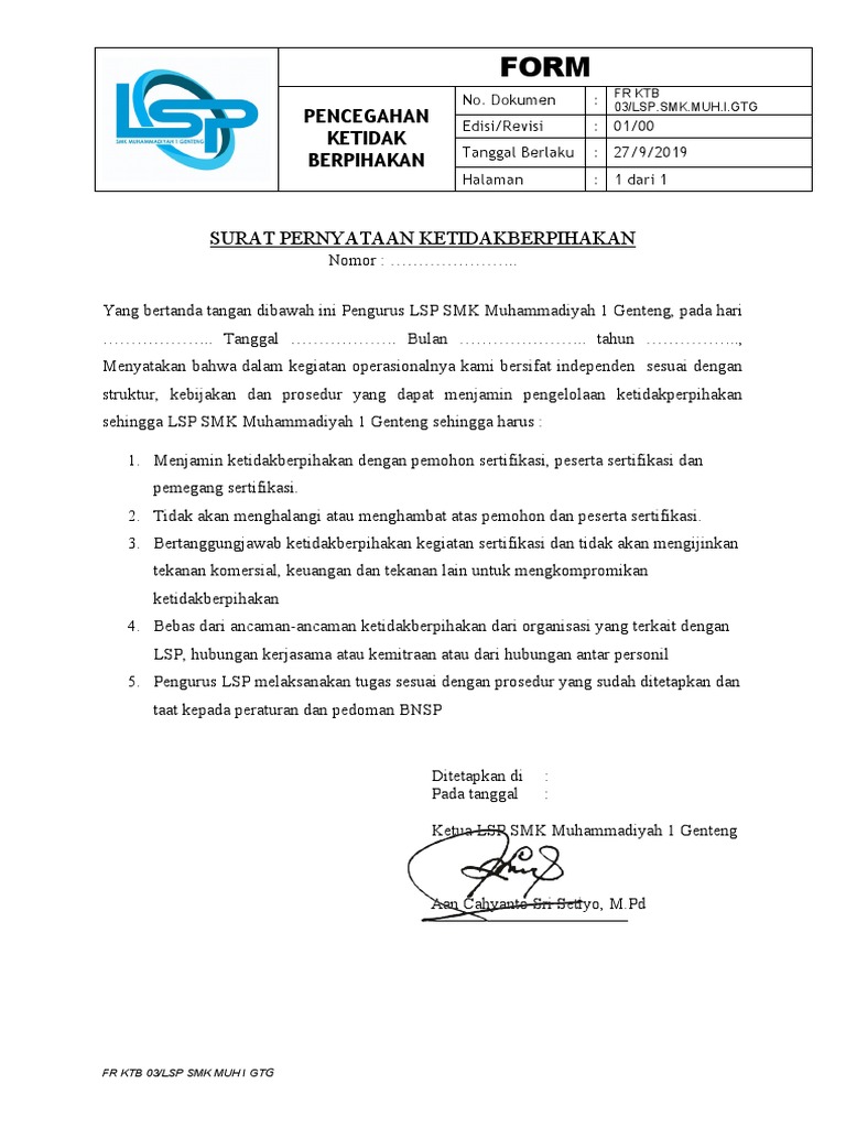 FR-KTB-03 Pernyataan Ketidak Berpihakan LSP | PDF