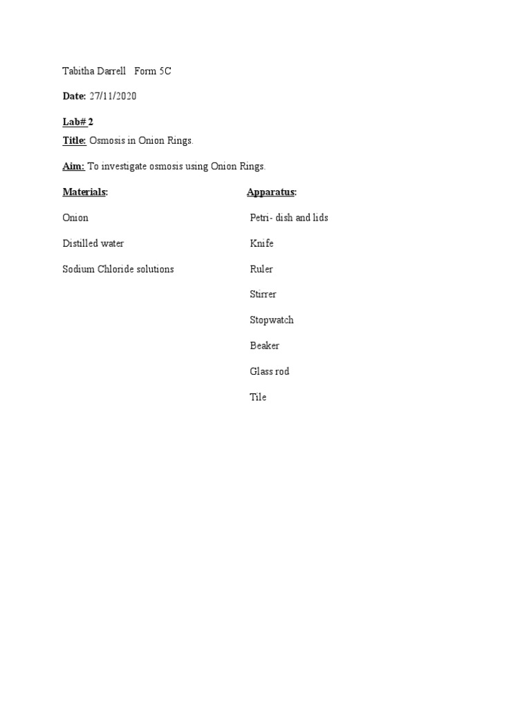 Date: 27/11/2020 Lab# 2 Title: Osmosis in Onion Rings. Aim: To ...