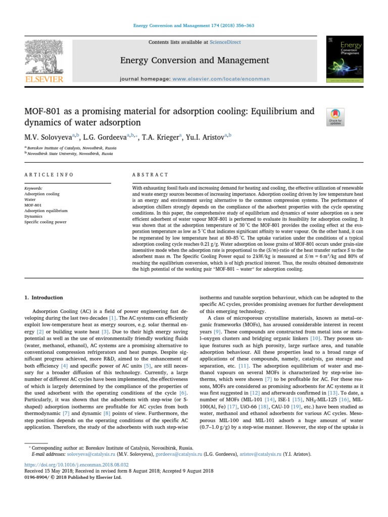 MOF-801 As A Promising Material For Adsorption Cooling Equilibrium and ...