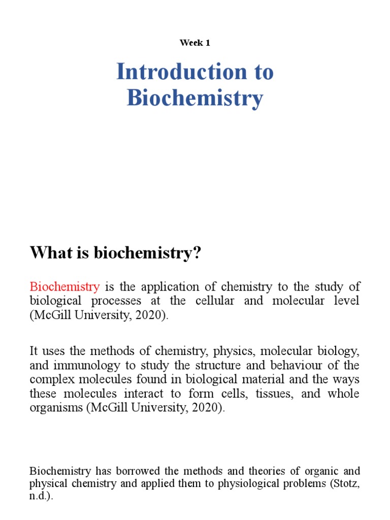 Week 1 Introduction To Biochemistry | PDF | Biomolecules | Biochemistry