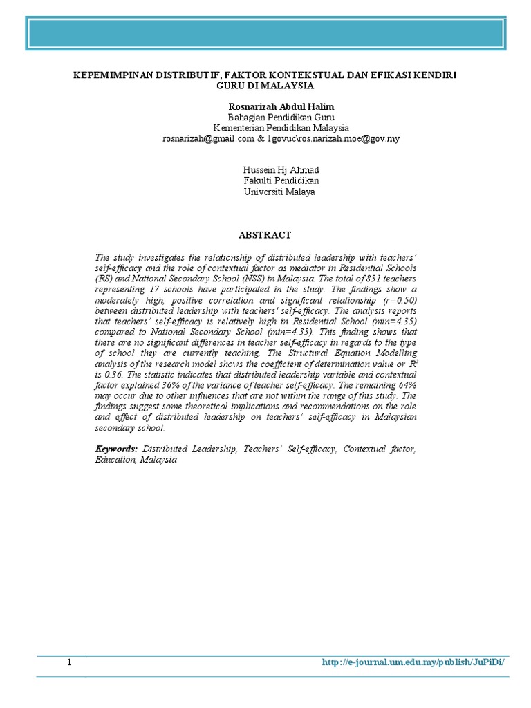 Kepemimpinan Distributif dan Efikasi Guru | PDF | Self Efficacy ...