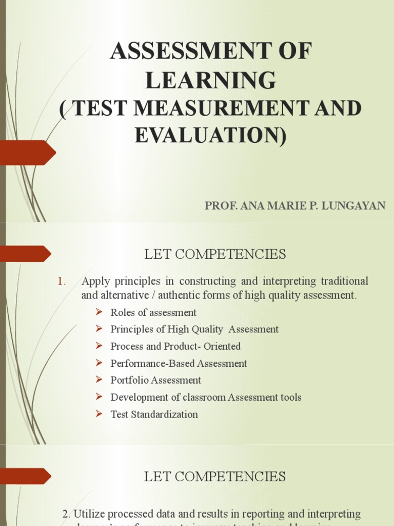 Assessment of Learning: (Test Measurement and Evaluation) | PDF ...