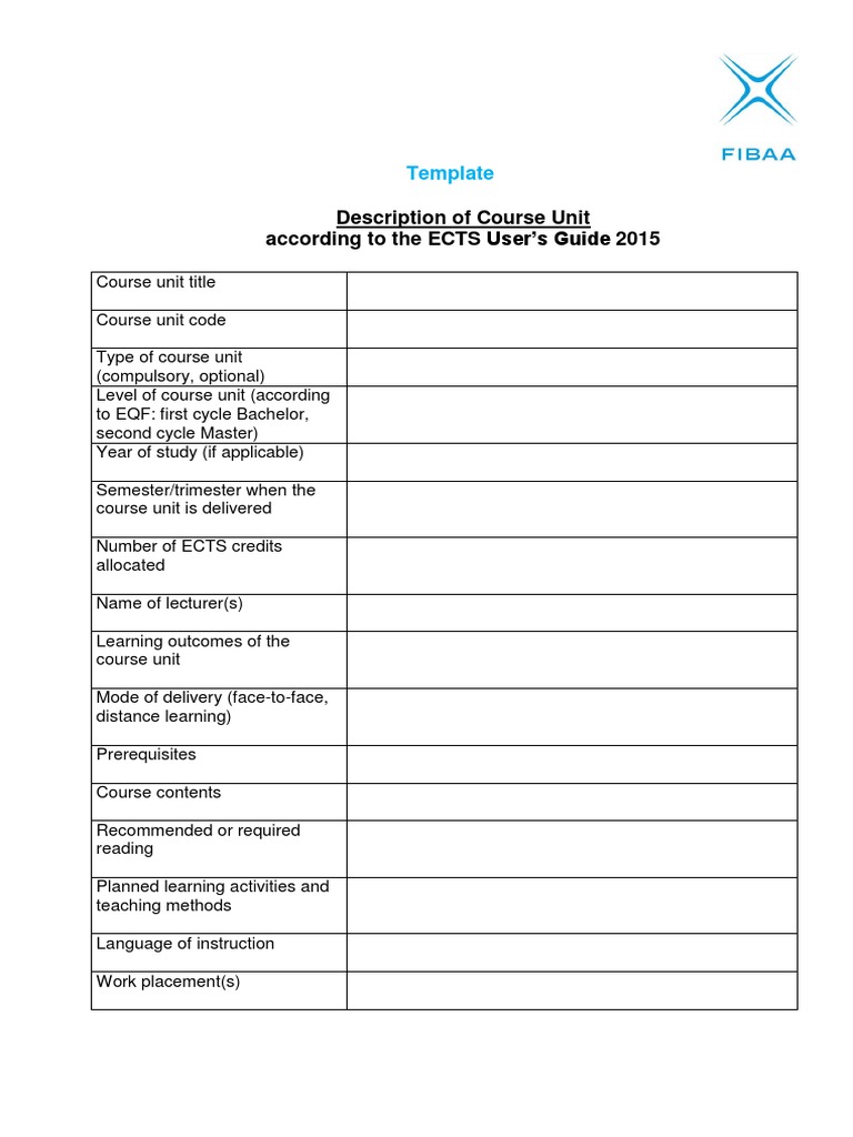 Description of Course Unit According To The ECTS User's Guide 2015 ...