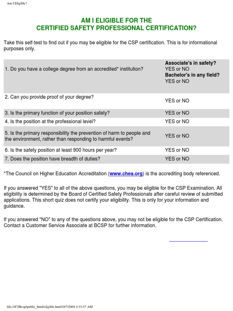 Am I Eligible For The Certified Safety Professional Certification? | PDF