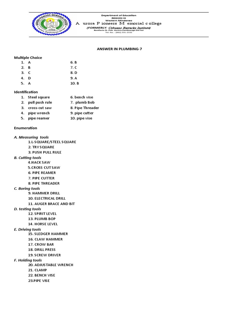 Plumbing Answer Key Overview | PDF