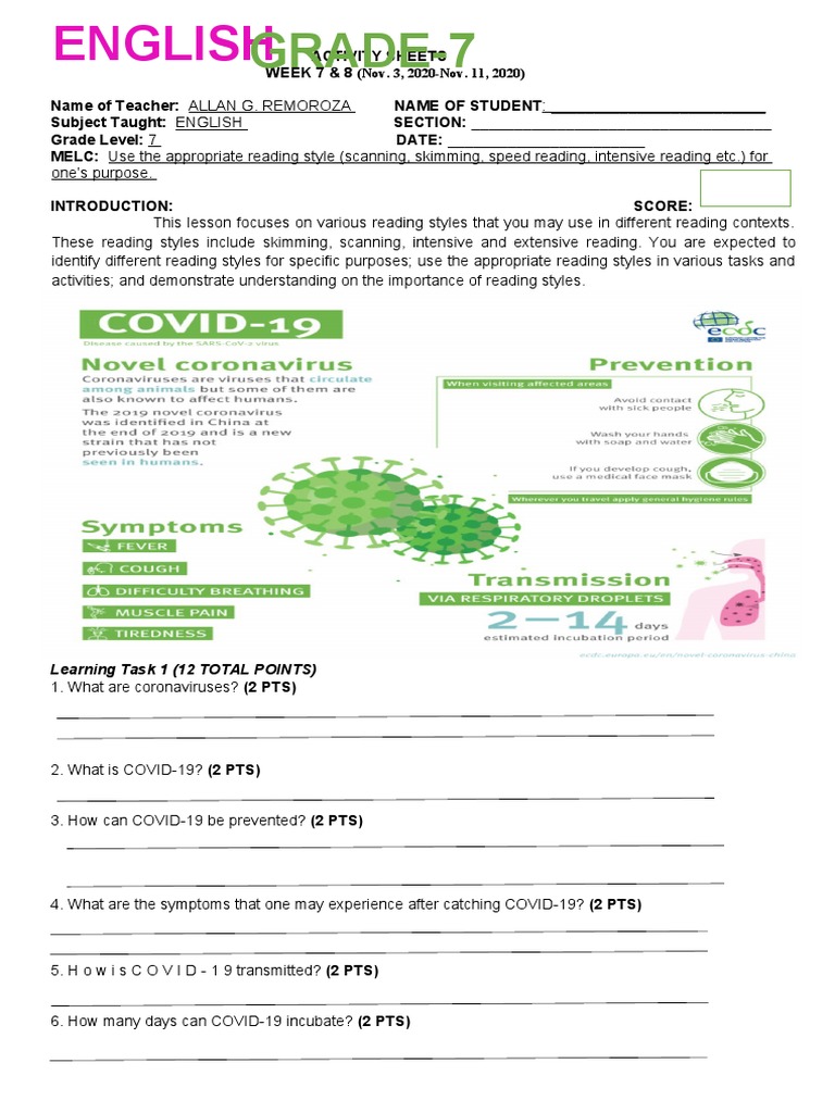 Activity Sheets7-8 (Using Appropriate Reading Style) W7-8 | PDF | Air ...