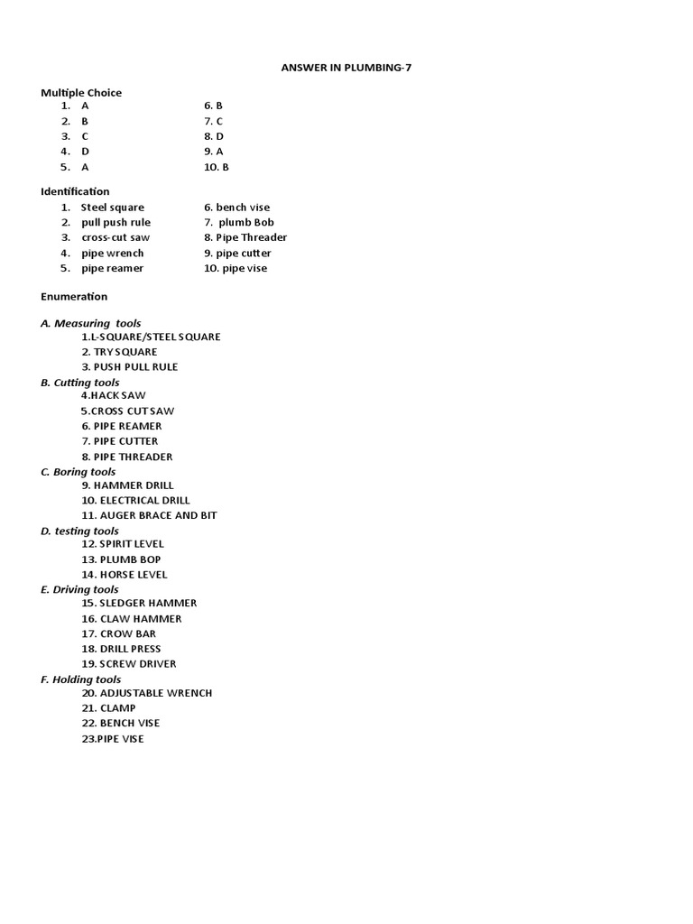 Answer Key in Plumbing | PDF