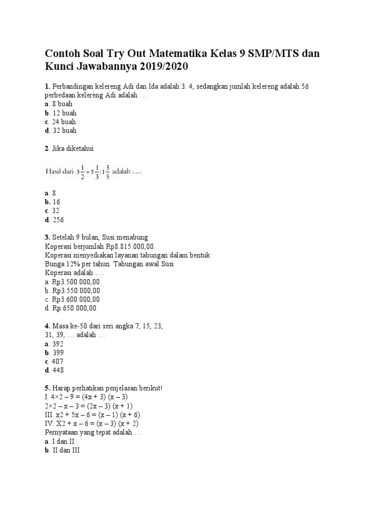 Contoh Soal Try Out Matematika Kelas 9 SMP | PDF