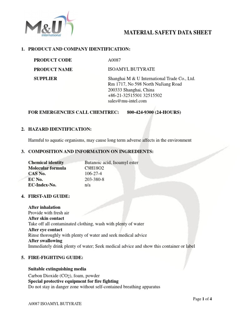 Material Safety Data Sheet: Page 1 of 4 A0087 Isoamyl Butyrate | PDF ...