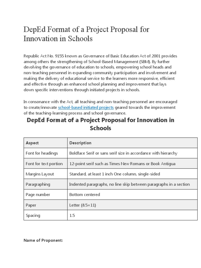 DepEd Format of A Project Proposal For Innovation in Schools | PDF ...