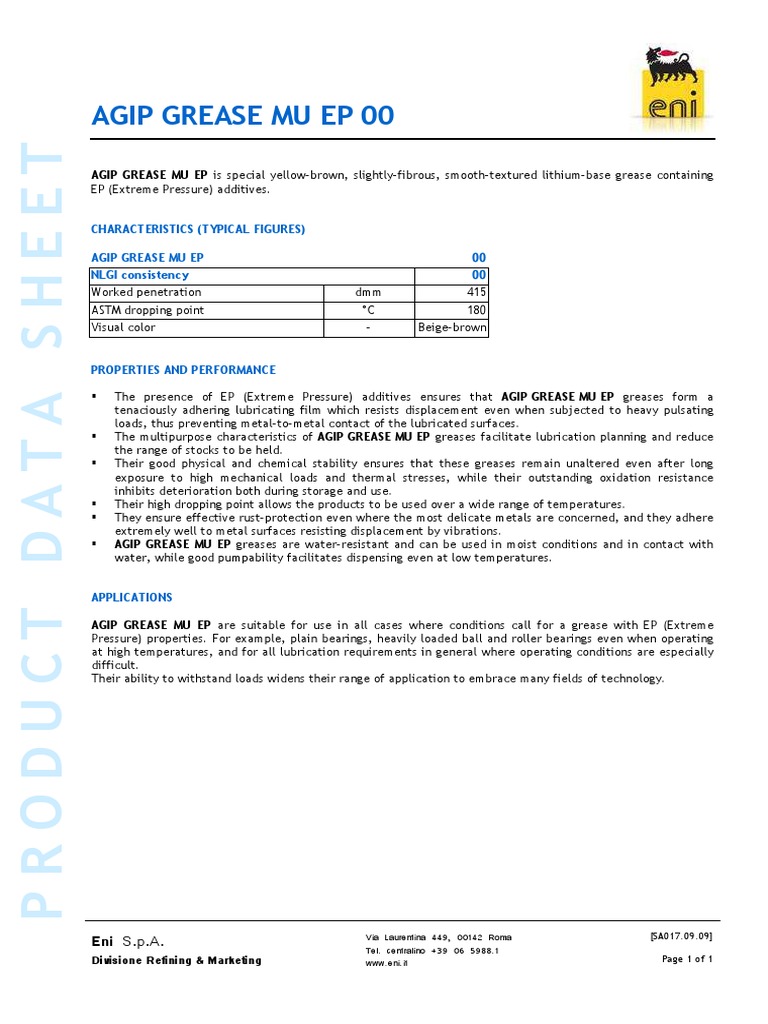 Eni Grease GR MU EP 00 | PDF | Materials Science | Materials