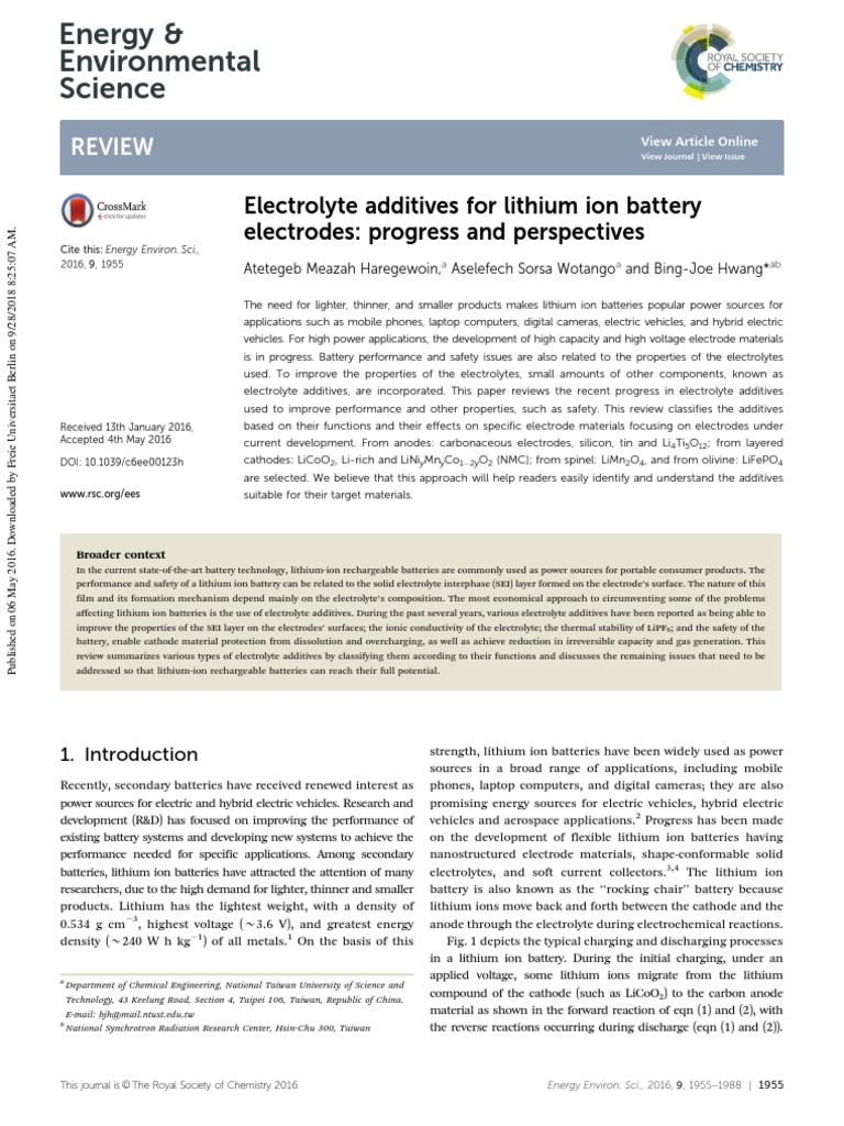 Review: Electrolyte Additives For Lithium Ion Battery Electrodes ...