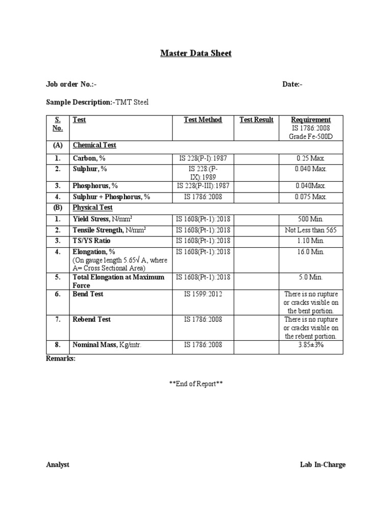 Master Data Sheet: Job Order No.:-Date: - Sample Description:-TMT Steel ...