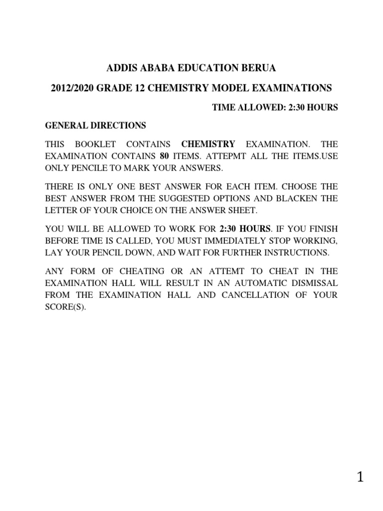 Grade 12 Chemistry Model Exam | PDF | Chemical Bond | Chemical Equilibrium