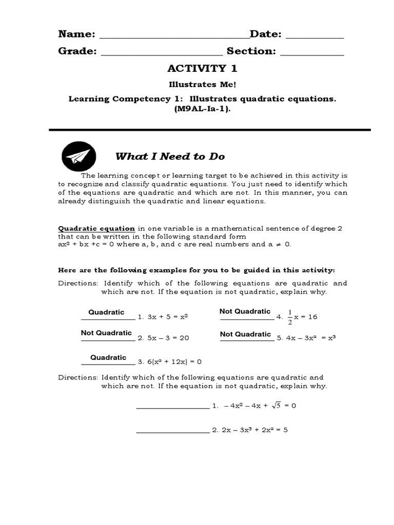 Activity Sheet Q1 Math9 LC1 | PDF | Quadratic Equation | Equations