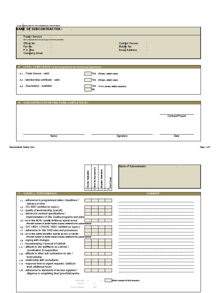 Subcontractor Performance Evaluation Form | PDF | Subcontractor | Iso 9000