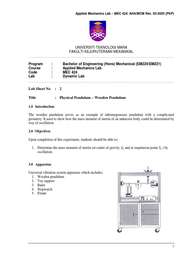 Dynamics Lab Sheet 2 - Physical Pendulum Experiment - PKP PDF | PDF | Pendulum | Mass