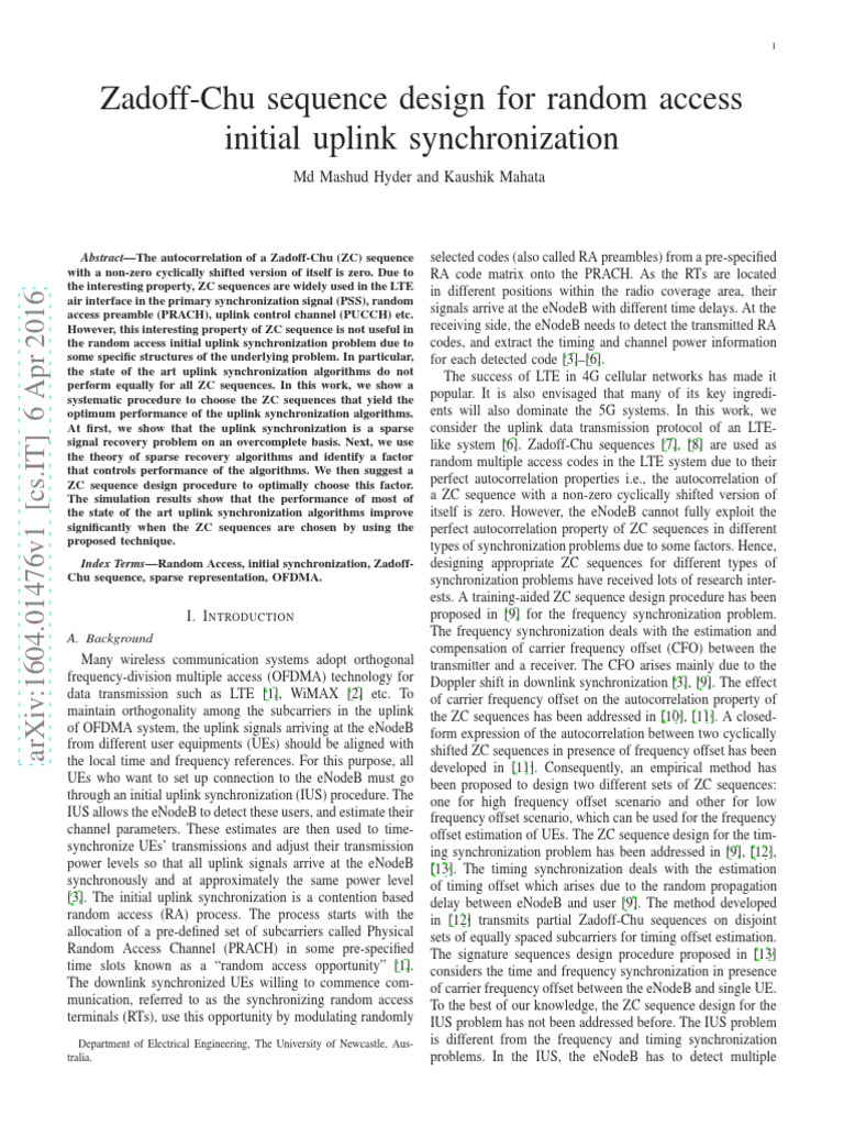 Zadoff-Chu Sequence Design For Random Access Initial Uplink Synchronization PDF | PDF ...