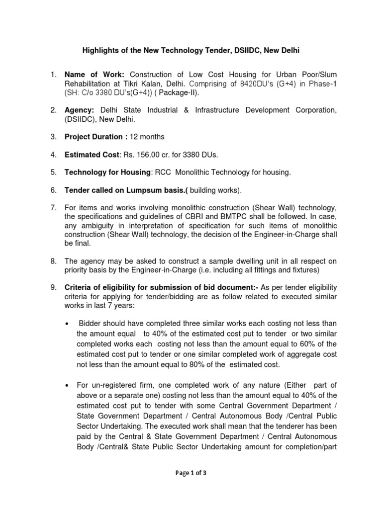 01 Tender Highlights DSIIDC | PDF | Economic Sectors | Building Engineering