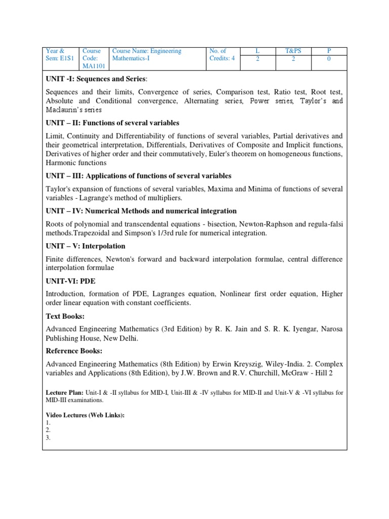 Year & Sem: E1S1 Course Code: MA1101 Course Name: Engineering ...