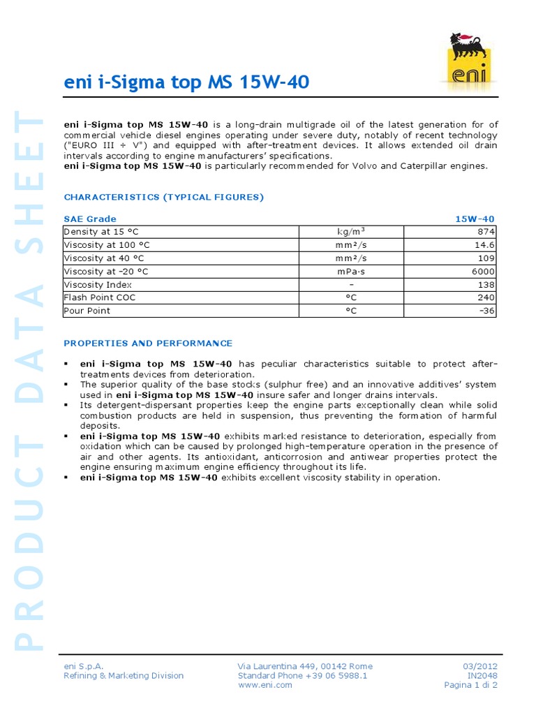 Eni I-Sigma - Top - MS - 15W-40 | Download Free PDF | Engines | Diesel Engine