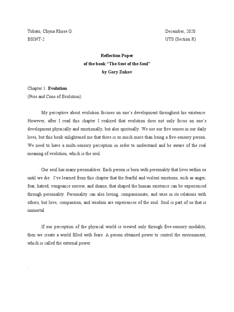 Reflection Paper of The Book "The Seat of The Soul" by Gary Zukav | PDF ...