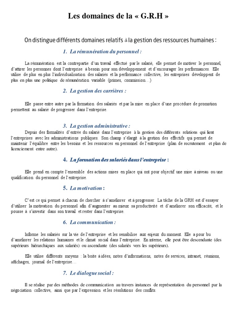 2 Les Domaines de La GRH | PDF | Recrutement | Économie
