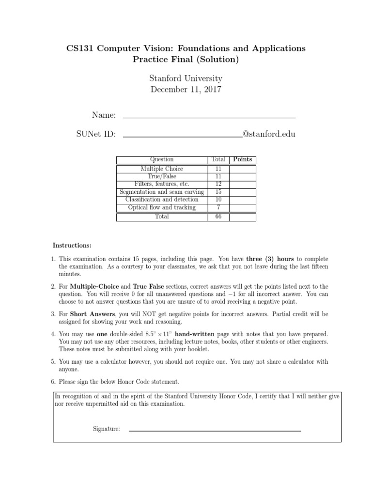 CS131 Computer Vision: Foundations and Applications Practice Final (Solution) Stanford ...