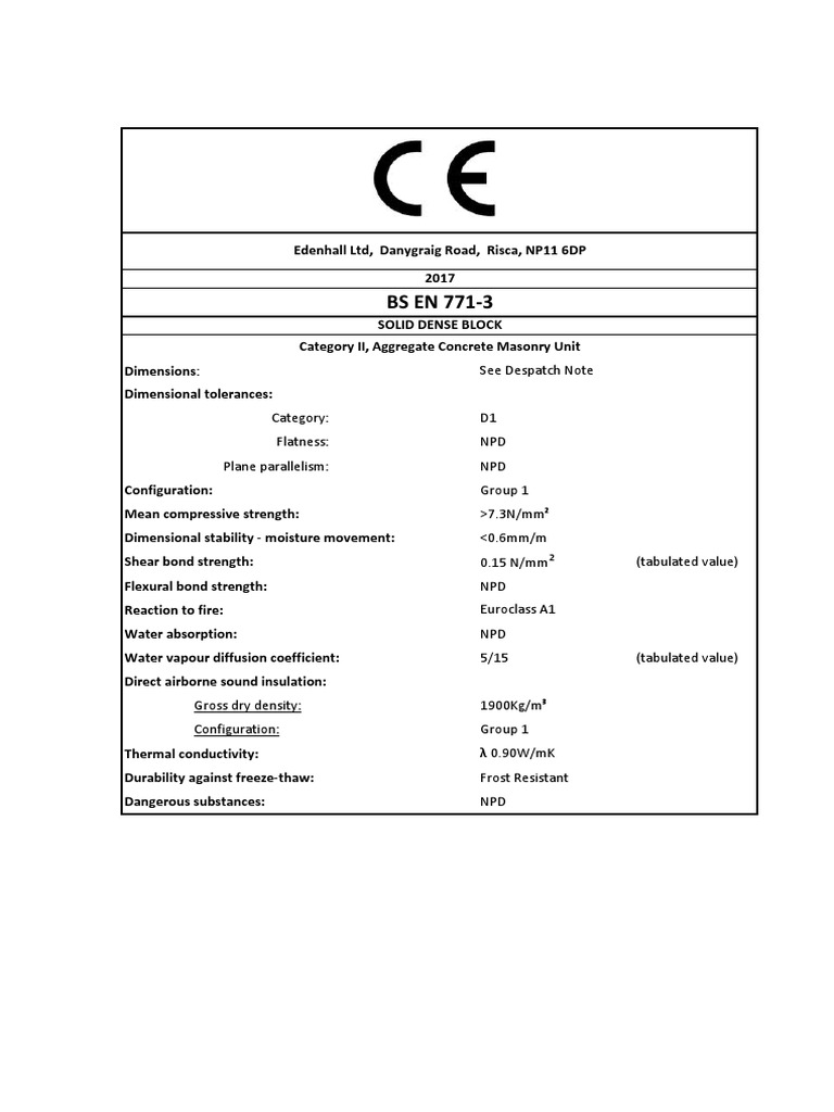 BS EN 771-3 Solid Dense Block - Category II, Aggregate Concrete Masonry Unit | PDF