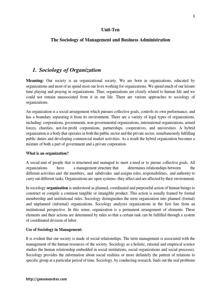 Sociology of Organization: Unit-Ten The Sociology of Management and ...