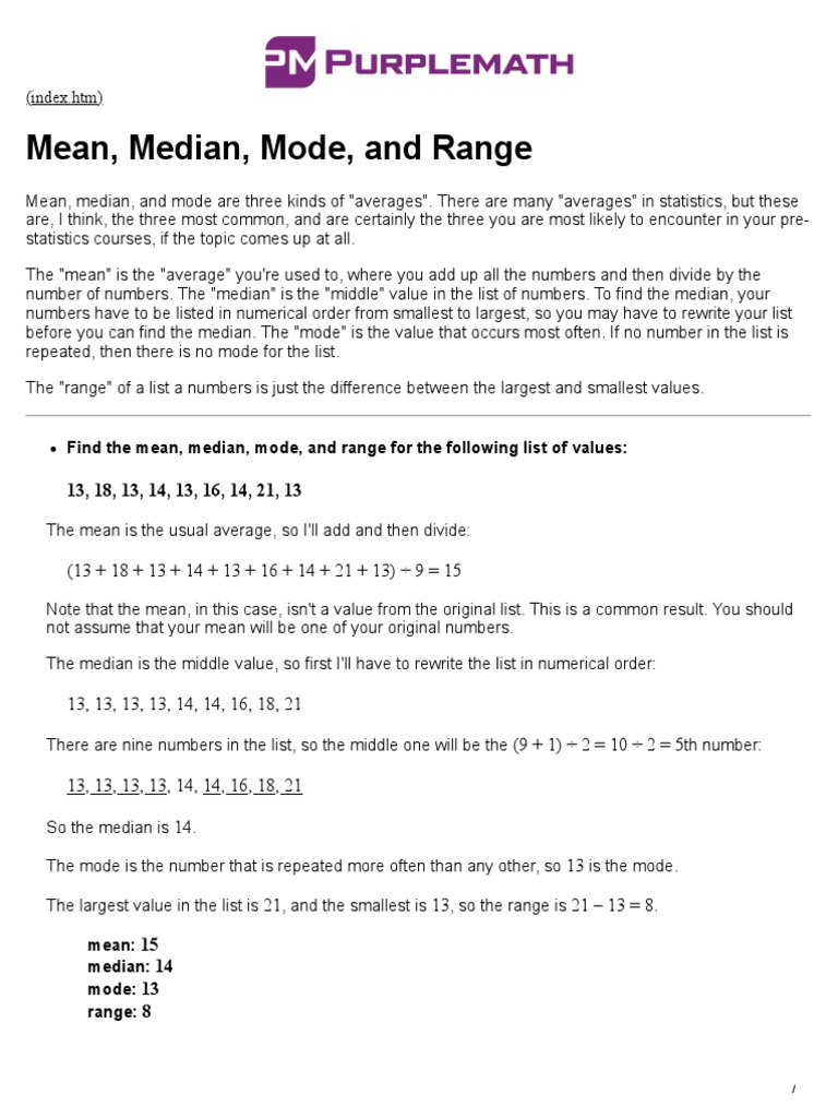 Mean, Median, Mode, and Range - Purplemath | PDF | Mean | Mode (Statistics)