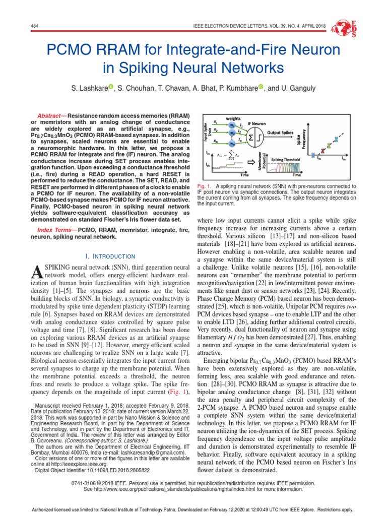 PCMO RRAM For Integrate-and-Fire Neuron in Spiking Neural Networks | PDF | Artificial Neural ...