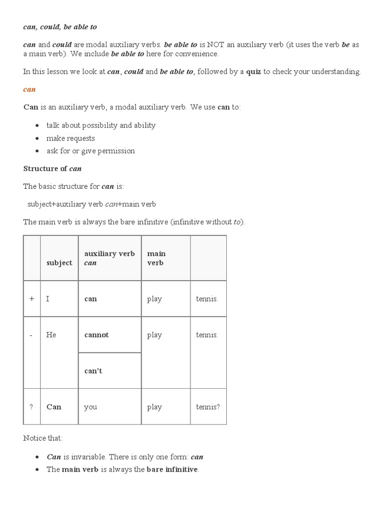 Can Is An Auxiliary Verb, A Modal Auxiliary Verb. We Use Can To | PDF ...