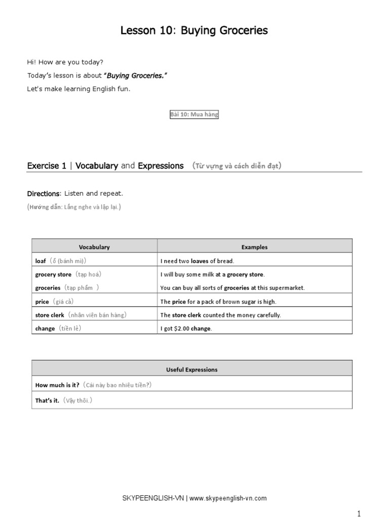 Lesson 10: Buying Groceries: Exercise 1 - Vocabulary and Expressions ...