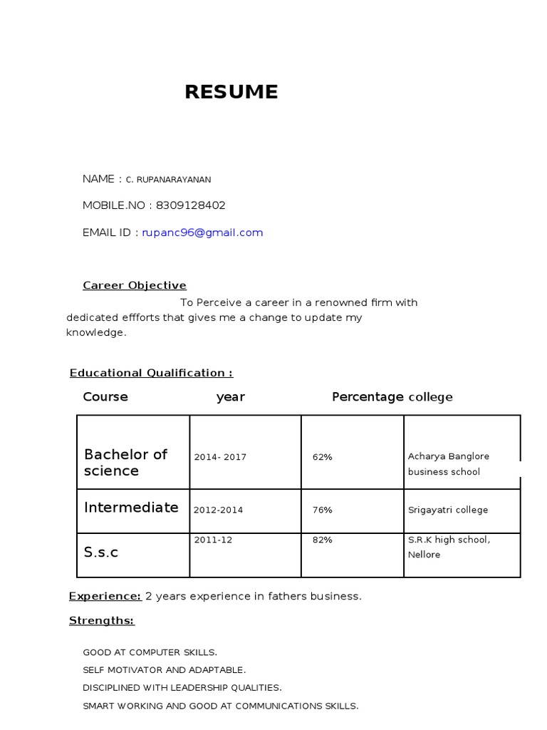 Resume: Bachelor of Science Intermediate S.S.C | PDF
