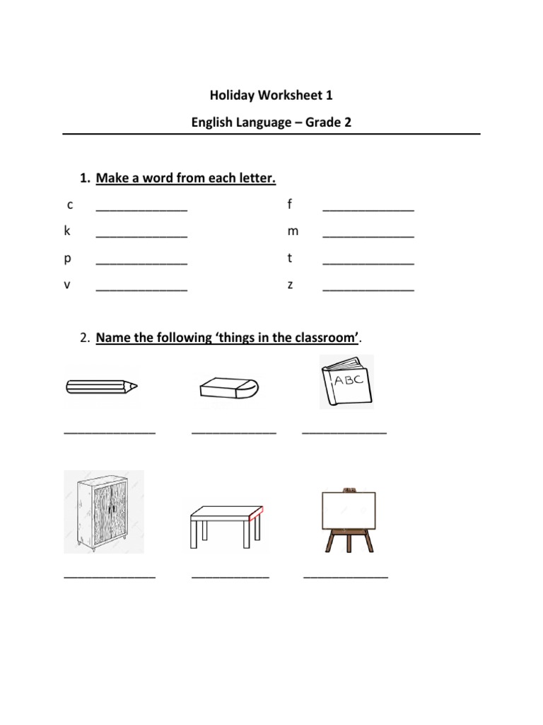 Holiday Worksheet 1 English Language - Grade 2 | PDF