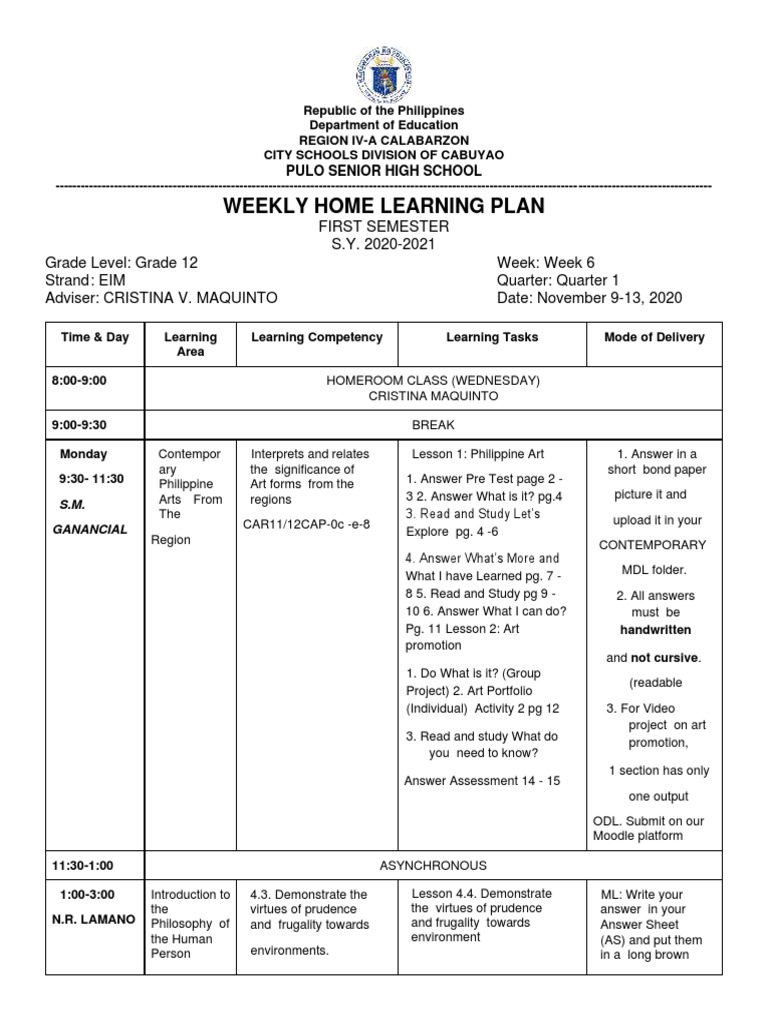 Weekly Home Learning Plan | PDF | Behavior Modification | Learning