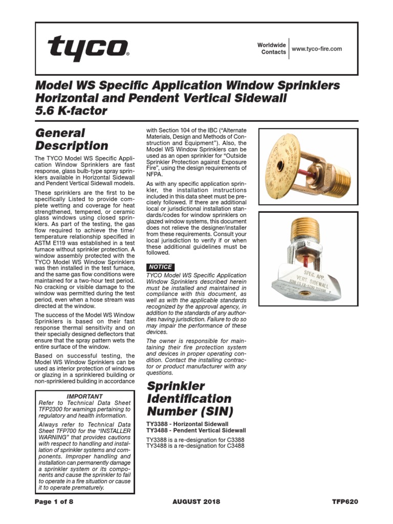 Model WS Specific Application Window Sprinklers Horizontal and Pendent ...