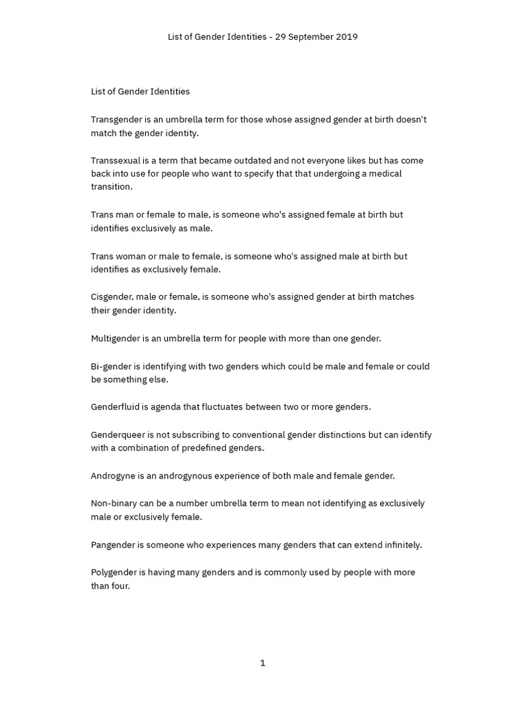 Comprehensive Gender Identities List | PDF | Social Science | Wellness