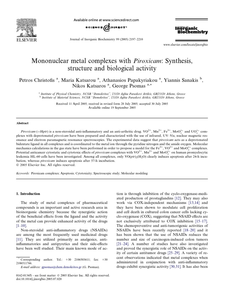 Mononuclear Metal Complexes With Piroxicam: Synthesis, Structure and ...