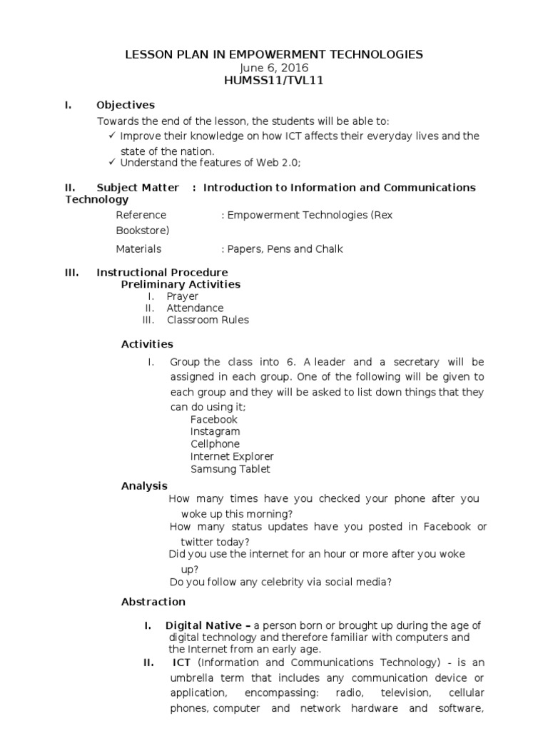 Lesson Plan For Empowerment Technologies June 6, 2020 | PDF ...